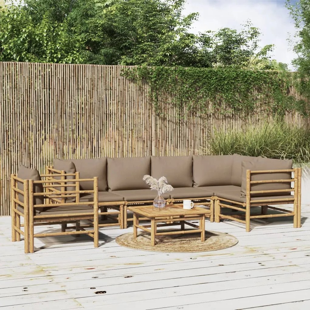 7dílná zahradní sedací souprava s taupe poduškami bambus 3155141