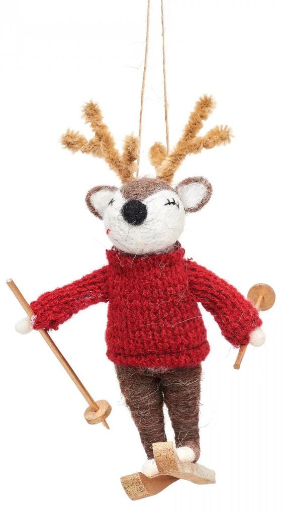 sass & belle Plstěná vánoční ozdoba Deer On Skis, červená barva, textil