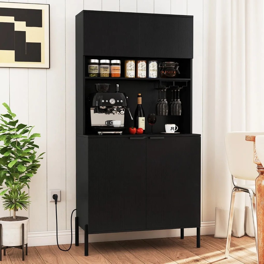 Costway Kuchyňská skříňka s nabíjecí stanicí 164 cm vysoká vinotéka s držákem