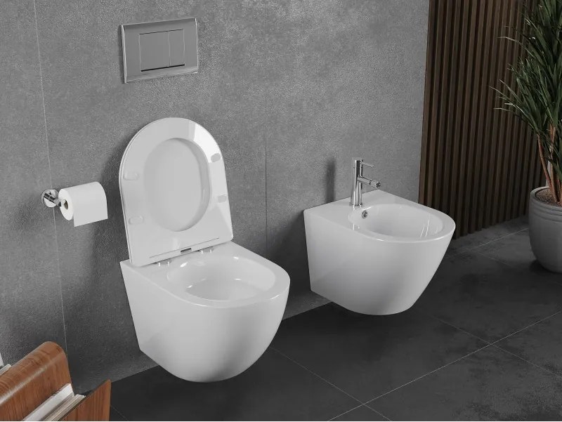 Mexen Lena, závěsná WC mísa 490x360x340 mm, Rimless Tornádo + toaletní WC sedátko z duroplastu, bílá lesklá, 30220300T