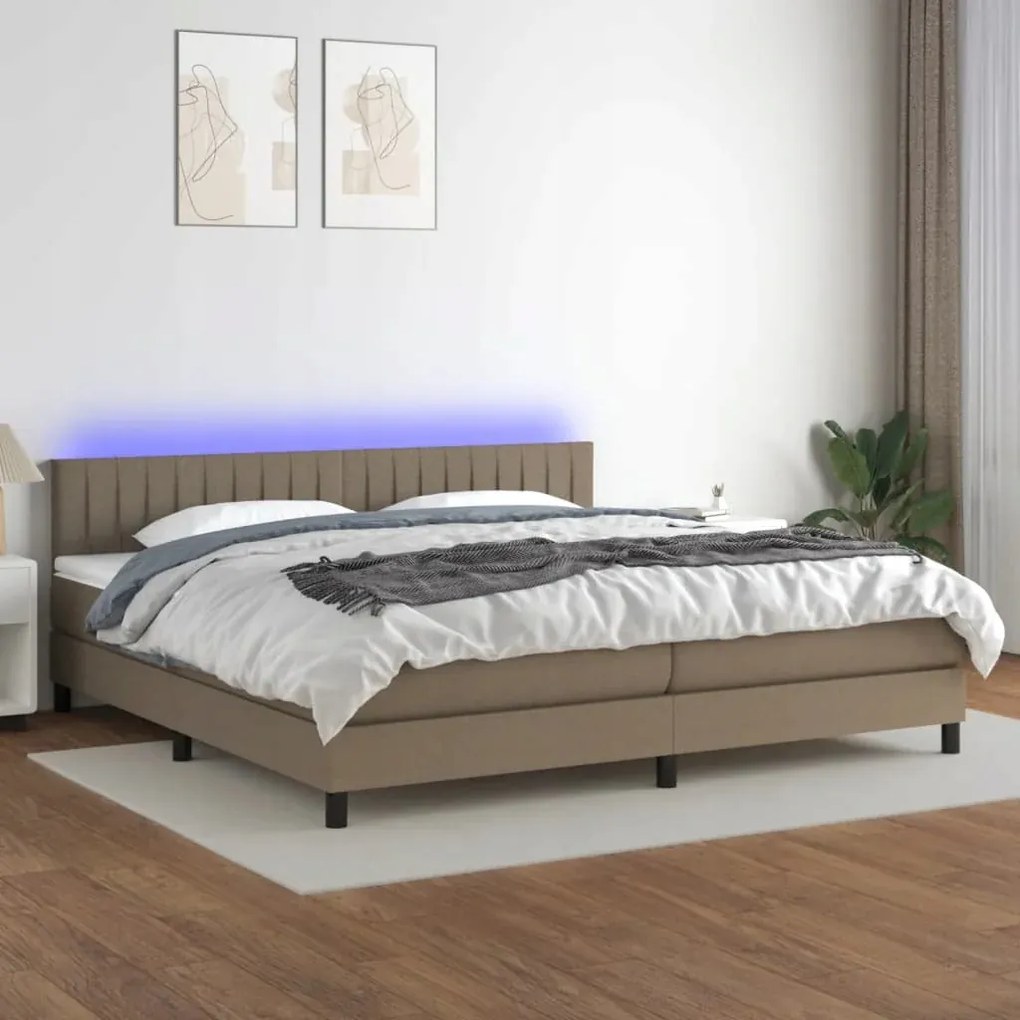 Box Spring Postel S Matrací A Led Textil Taupe Svislé pruhy 200 x 200 cm