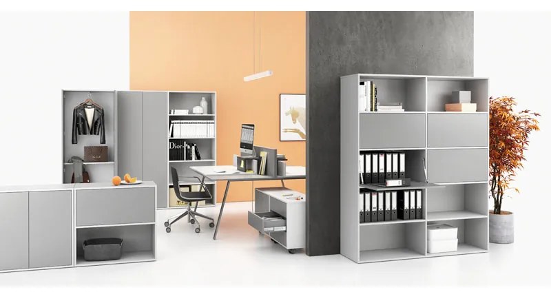 PLAN Kancelářský pracovní stůl SINGLE LAYERS bez přepážek, bílá / šedá