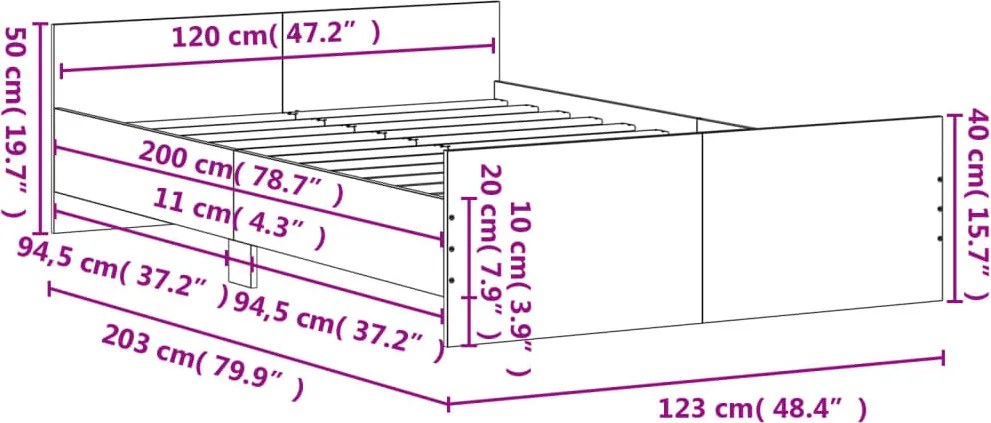 vidaXL Rám postele s hlavovým a nožním čelem 120 x 200 cm [3203745] Barva: šedá sonoma