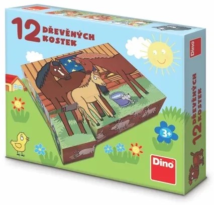 Dino Dřevěné kostky Domácí zvířátka 12 ks