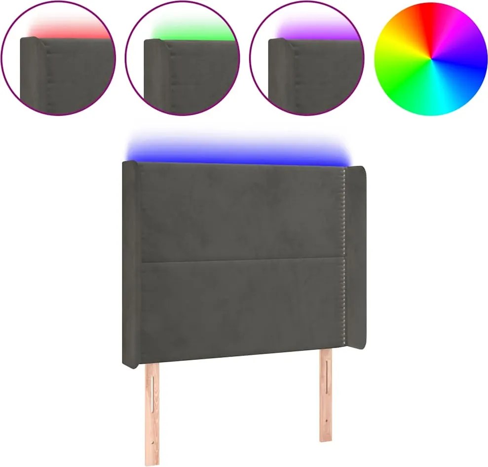 Čelo postele s LED tmavě šedé 93 x 16 x 118/128 cm samet 3123945