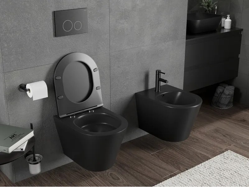 Mexen Rico, závěsná WC mísa 490x360x370 mm, Rimless Tornádo + WC sedátko z duroplastu, černá matná, 30721085T