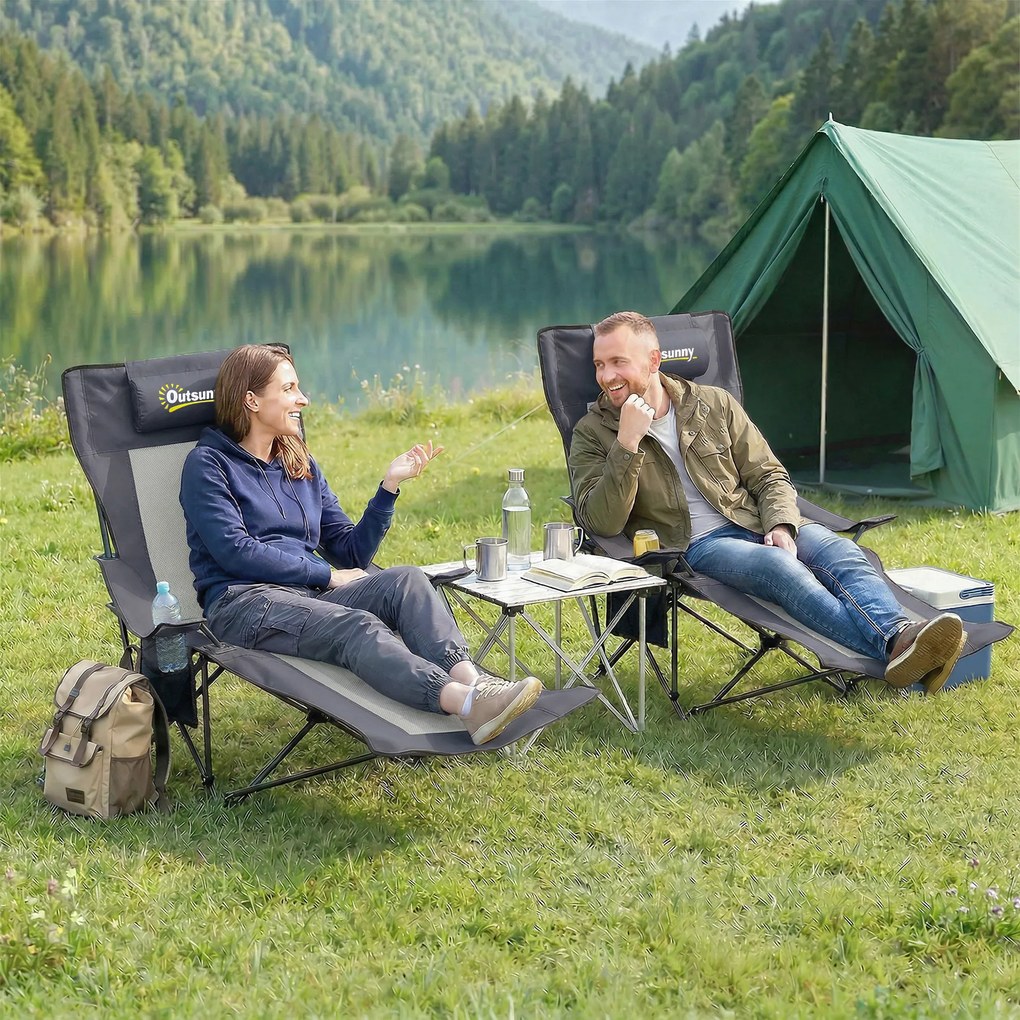 Outsunny sada 2 skládacích kempingových židlí – nastavitelná opěrka zad, opěrka nohou, držák na nápoj a opěrka hlavy, zahradní a plážové, nosnost 120…
