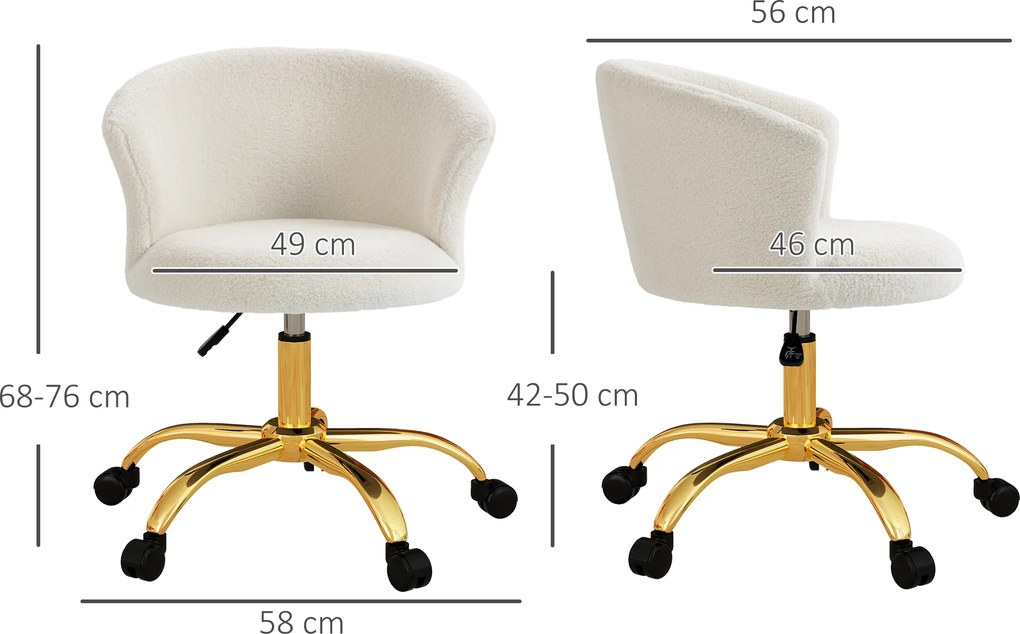 Ergonomická kancelářská židle Vinsetto Teddy Fleece, kosmetická židle, otočná židle s nastavitelnou výškou, polstrované sedadlo a zlatý ocelový rám, …