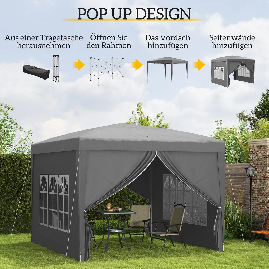 Zahradní přístřešek Outsunny Pop-Up Skládací Recepční Stan 3 x 3m se 4 Odnímatelnými Bočními Stěnami + Šedý Přenosný Obal