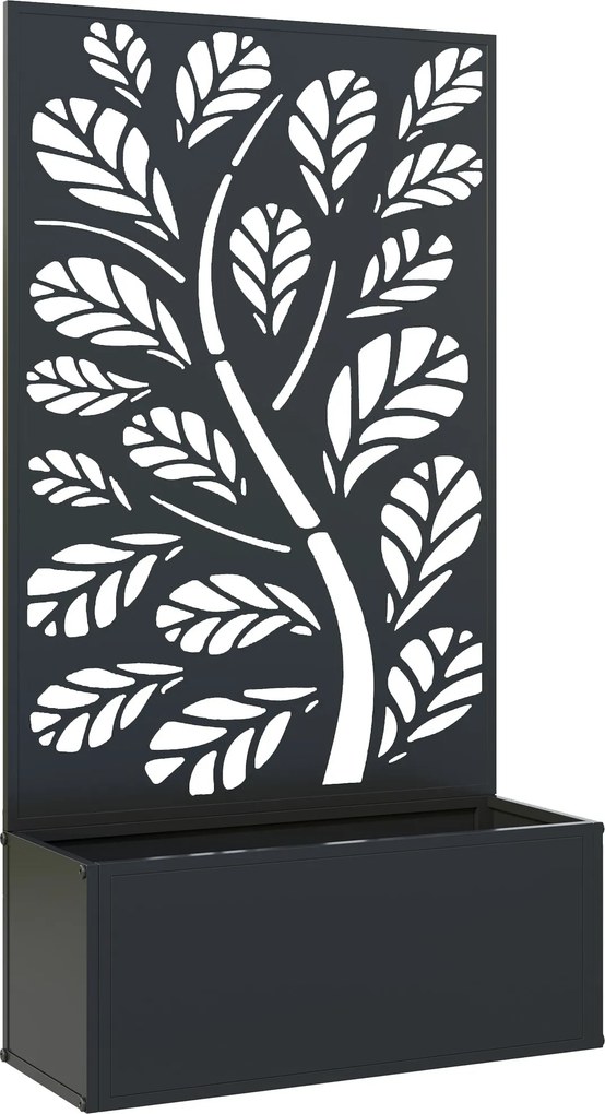 Outsunny vyvýšený kovový truhlík s treláží ve tvaru větví a listů — 61 × 23 × 113 cm, černý