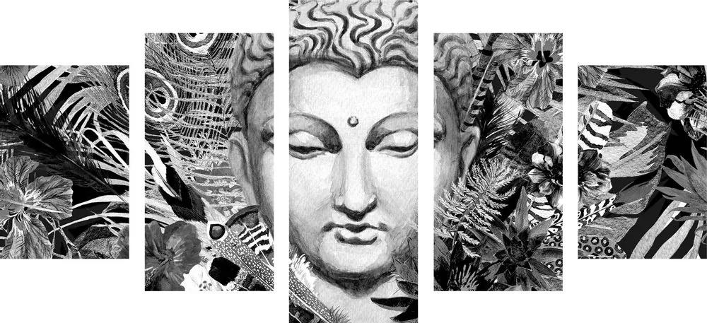 5-dílný obraz Buddha na exotickém pozadí v černobílém provedení - 100x50 cm