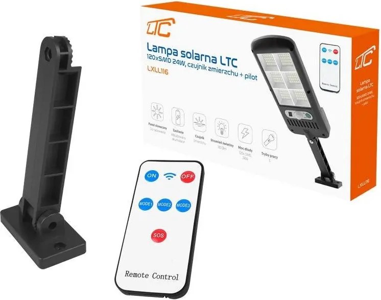 Venkovní solární LED osvětlení LTC LXLL117, 24W SMD, 1800lm, 1800mAh, PIR