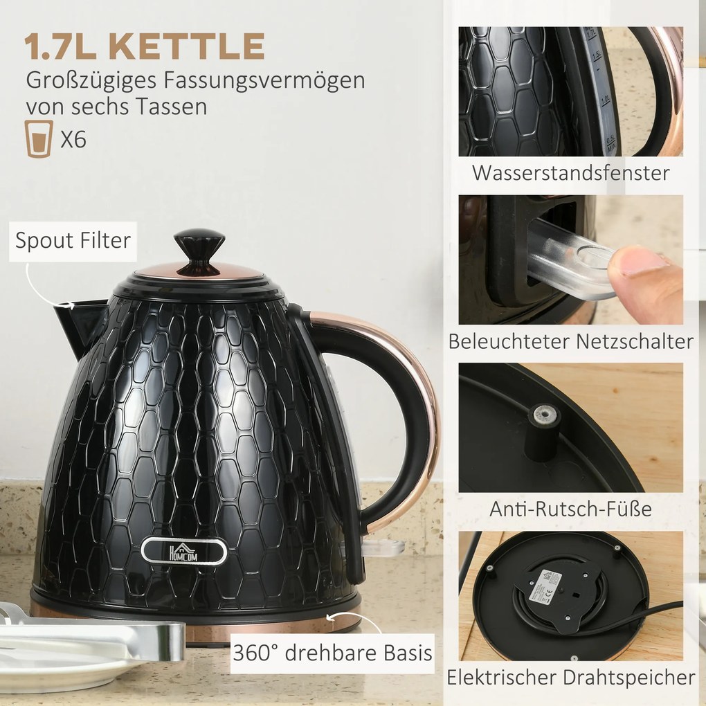 HOMCOM 2v1 kuchyňská sada, toustovač a rychlovarná konvice, různé možnosti, 1,7 l, 4 krajíce toastu najednou, plast, černá