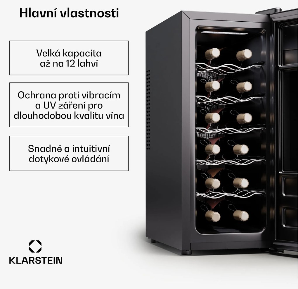 Klarstein Silent Vino 12 Uno Slim, vinotéka, 30 l/12 lahví, 8-18 °C, dotykový displej