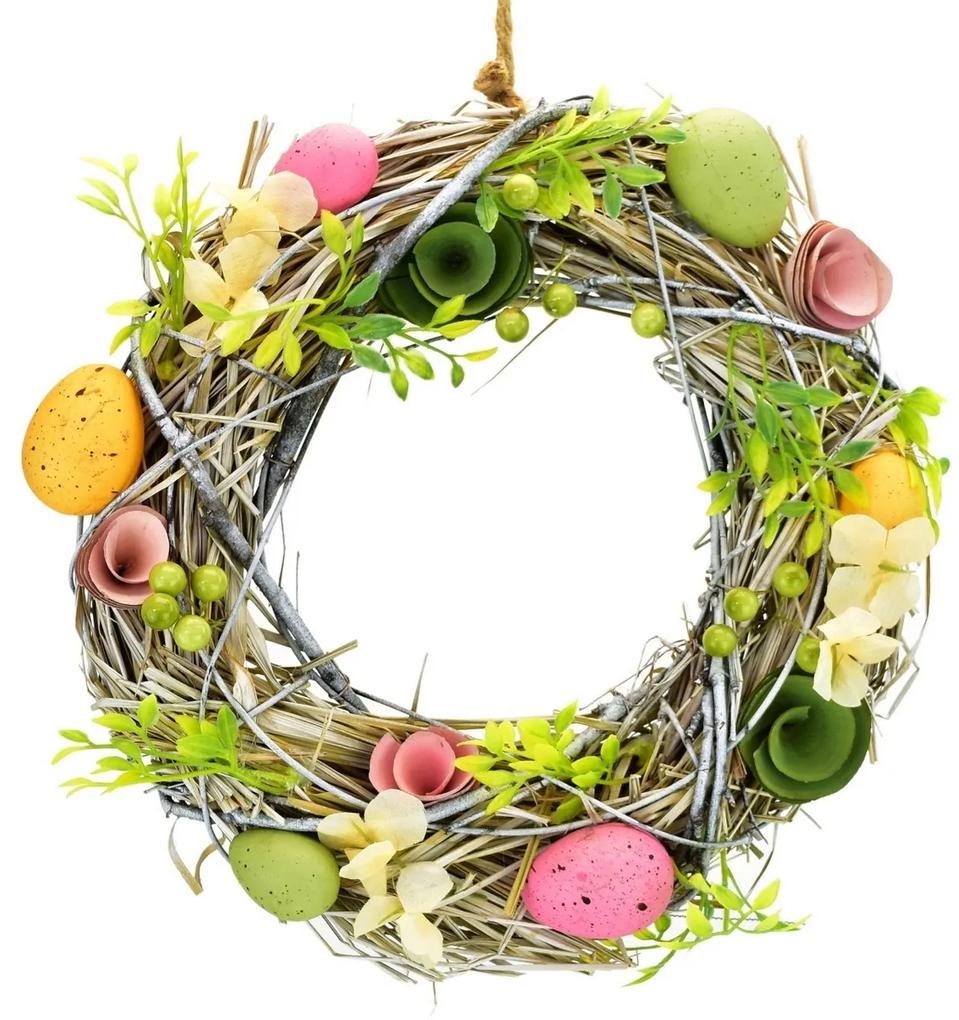 Velikonoční proutěný věnec s vajíčky a s kvítky Lorato, pr. 30 cm
