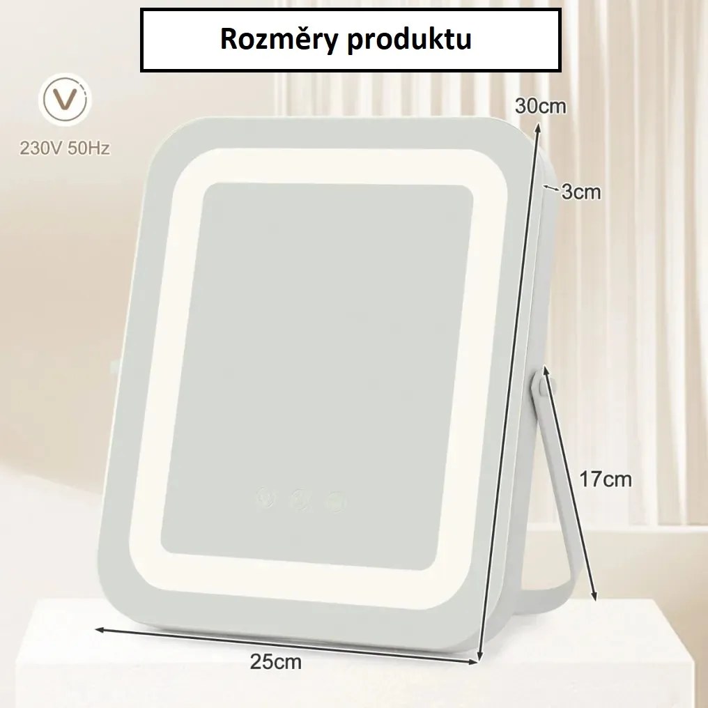 Kosmetické zrcátko s LED osvětlením, stmívatelné, 25 x 30 cm HU10614DE-WH