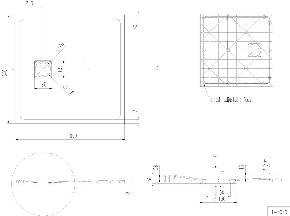 Erga Hyper, SMC sprchová vanička 80x80x2, 6 cm + sifon, šedá matná, ERG-V06-SMC-8080S-GR