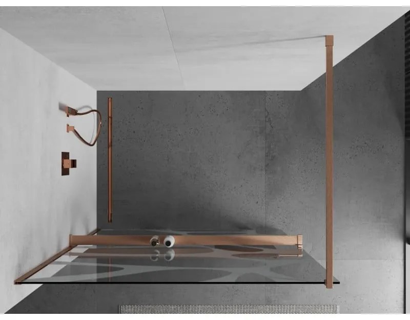 Mexen Kioto+, sprchová zástěna Walk-In s poličkou a věšákem 90 x 200 cm, 8mm čiré sklo bílý vzor, měděný matný profil, 800-090-121-65-97