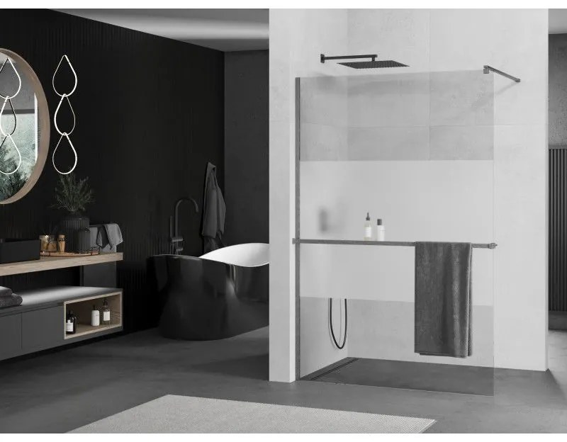 Mexen Kioto+, sprchová zástěna Walk-In s poličkou a věšákem 100 x 200 cm, 8mm čiré sklo-námraza, grafitový profil, 800-100-121-66-35