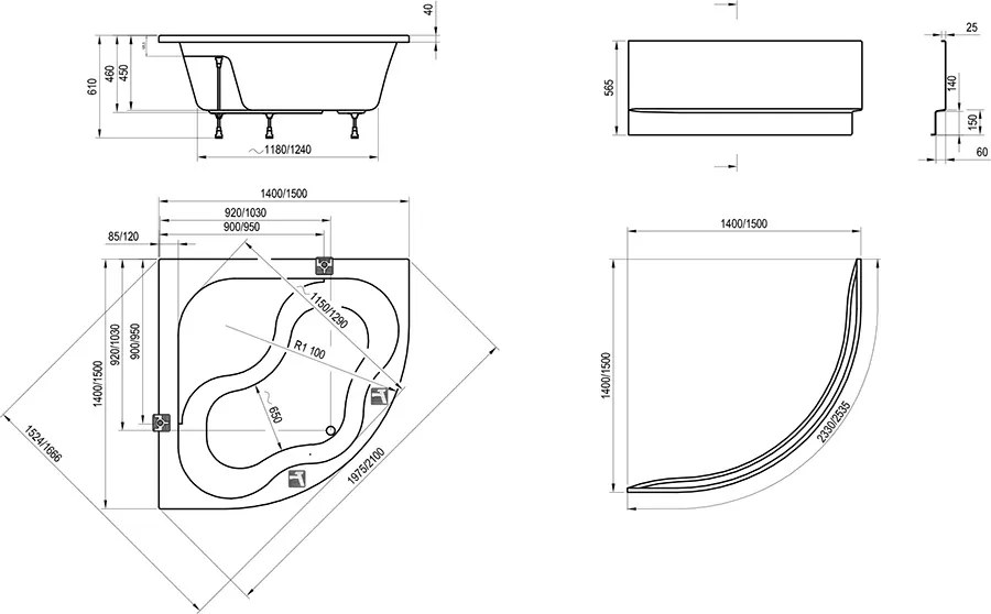 Ravak Gentiana 140 x 140 cm CF01000000 vana rohová