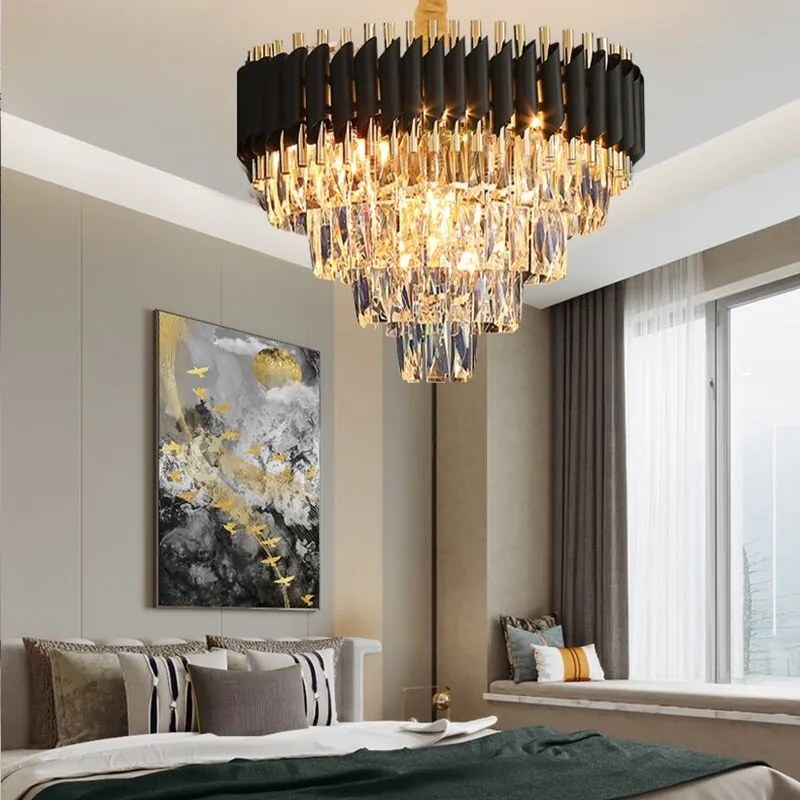 Toolight, stropní závěsná křišťálová lampa 9xE14 APP1058-CP, černá-zlatá, OSW-04400