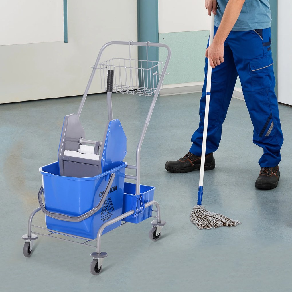 HOMCOM Úklidový vozík, vozík na mop, objem 25 l, 4 kolečka, plast, modrý