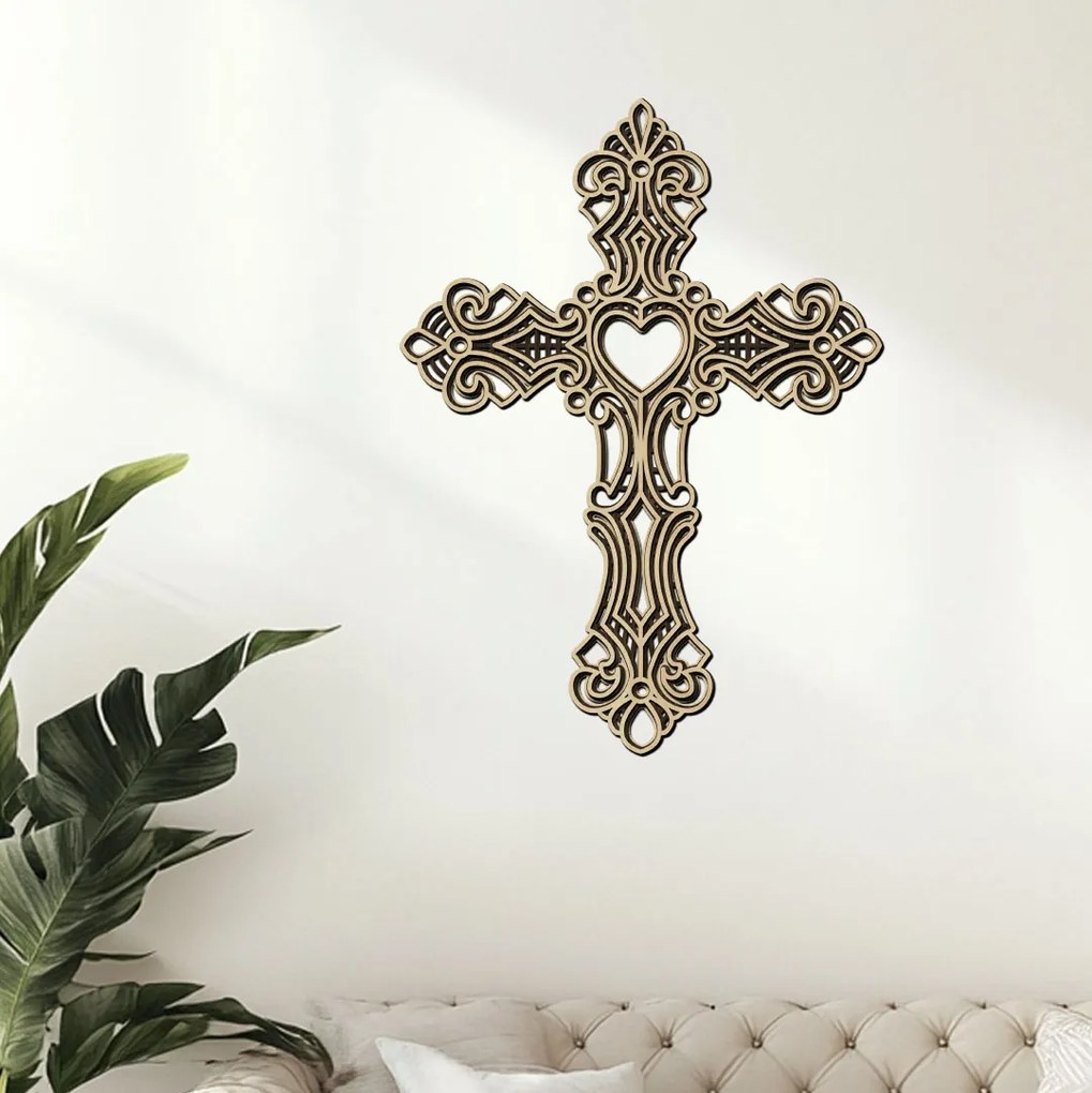 dřevo života Dřevěný vrstvený kříž srdce na zeď Zvolte rozměr (cm): 44x60, Zvolte barvu dekoru: Antracitová-Bílá