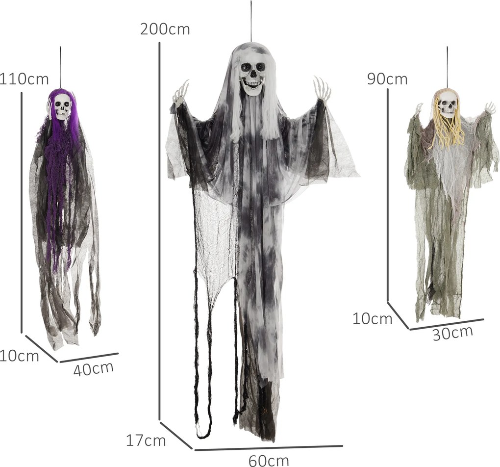 HOMCOM Visící kostlivci-duchové, sada 3 ks, Halloween dekorace, nastavitelná paže, 90/110/200 cm