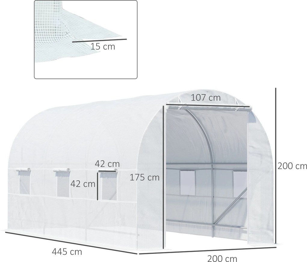 Zelený skleník Outsunny 445x200x200cm, fóliový skleník na rajčata s dveřmi, oknem, fóliovým tunelem vyrobený z pozinkované oceli, rostlinný tunel, sk…