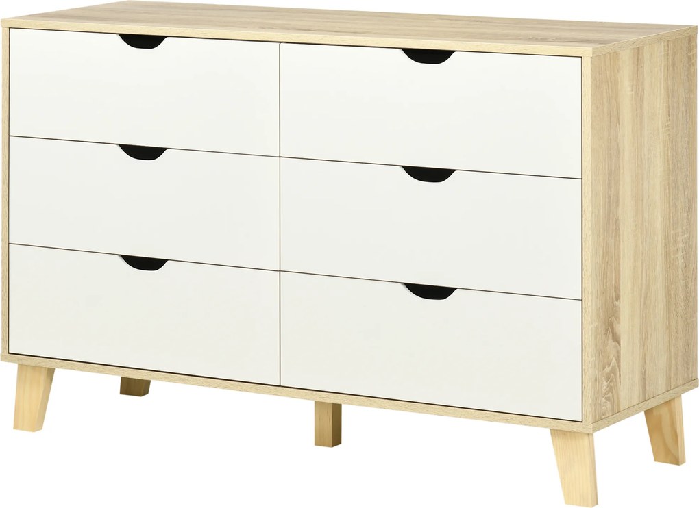HOMCOM 6 zásuvková komoda v severském stylu s dřevěnými nohami, úložná jednotka pro ložnici a obývací pokoj, 120 x 40 x 76 cm, dřevo a bílá