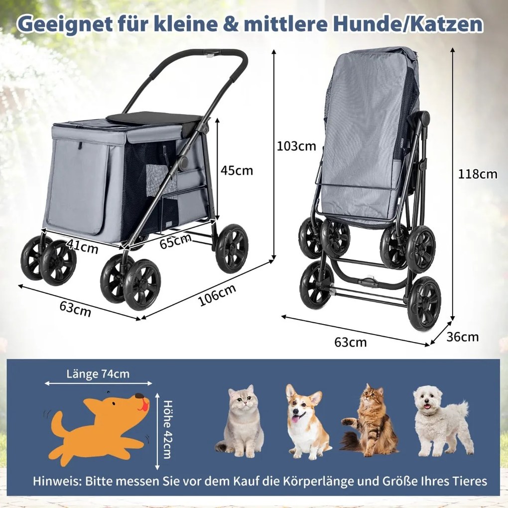Costway Psí kočárek skládací do 40 kg psí vozík s polštářem, šedá