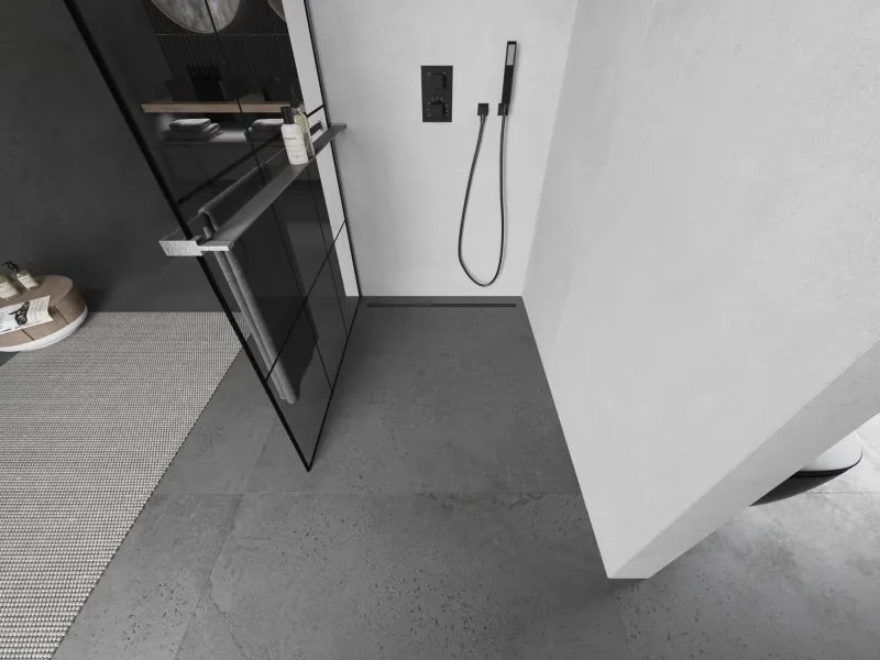Mexen Kioto+ L, sprchová zástěna Walk-In s poličkou a věšákem 120 x 200 cm, 8mm čiré sklo černý vzor, grafitový profil, 800-120-123-66-77