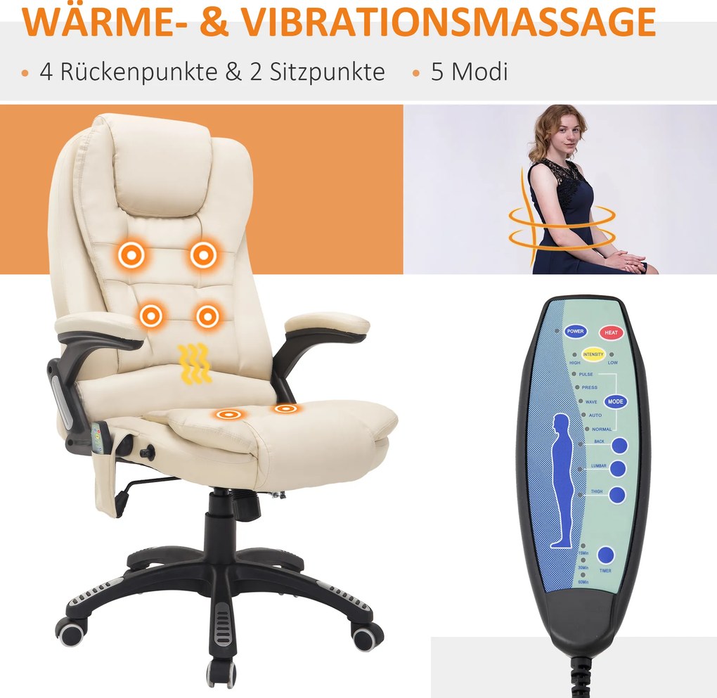 Masážní kancelářské křeslo HOMCOM manažerské křeslo s 6bodovou vibrační masáží a funkcí vyhřívání, otočné z imitace kůže v béžové barvě