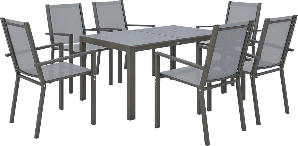 Outsunny Sada zahradního nábytku pro 6 osob, venkovní lounge set, ocelové rámy, stohovatelné židle, vysoké opěrky hlavy, šedá