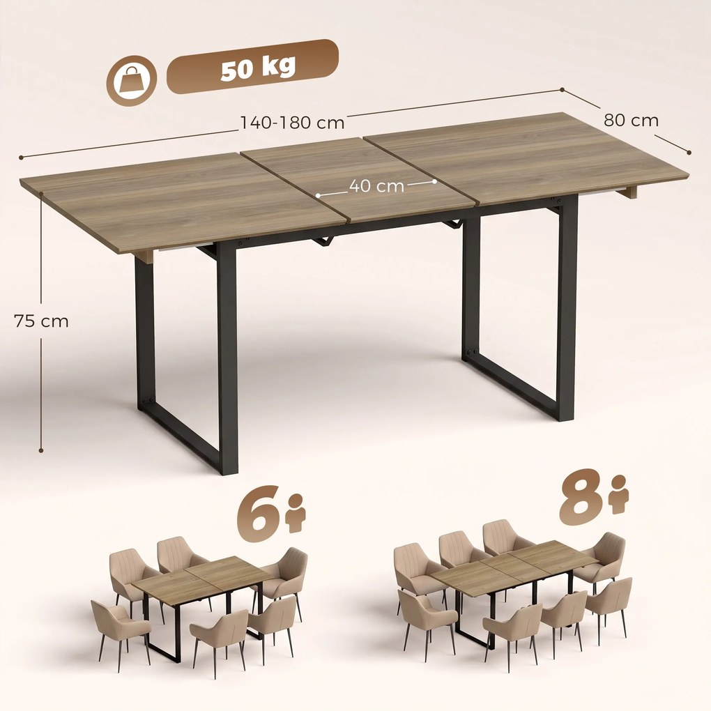 HOMCOM Rozkládací jídelní stůl 140-180 cm pro 6-8 osob, obdélníkový v industriálním designu s ocelovým rámem, hnědý