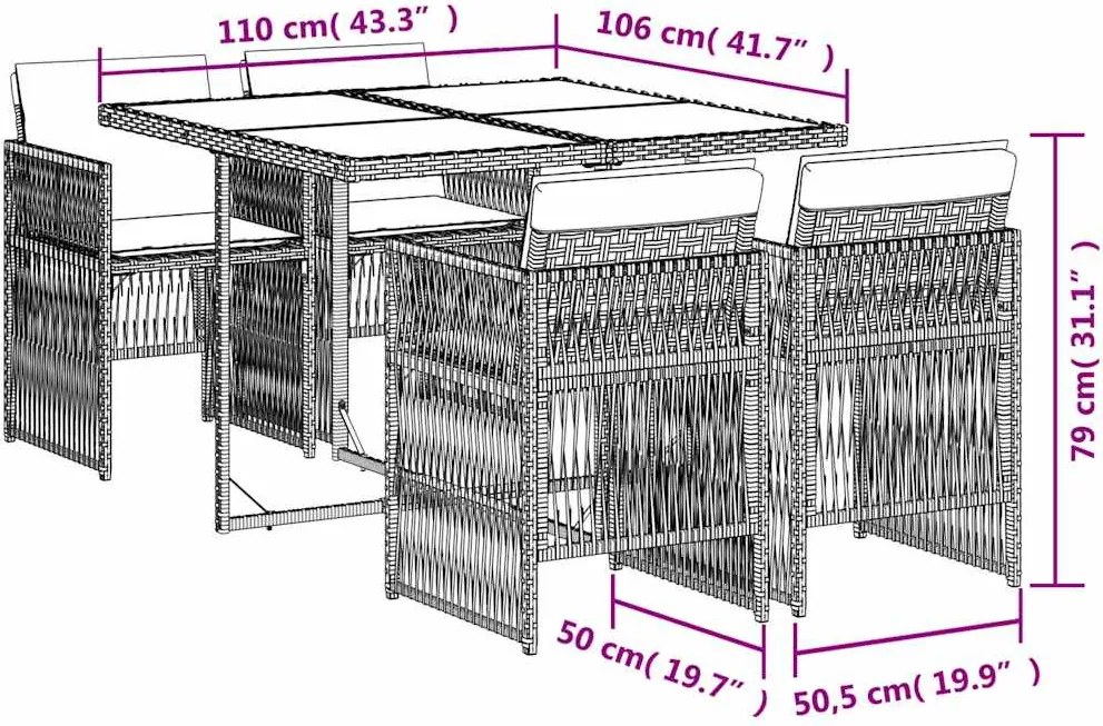 5dílný zahradní jídelní set s poduškami černý polyratan 3210894