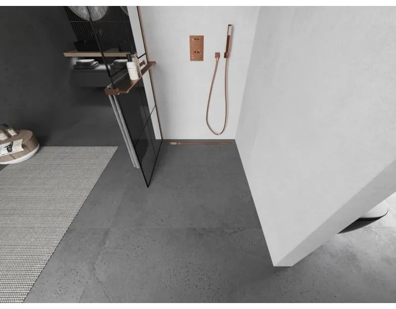 Mexen Kioto+ L, sprchová zástěna Walk-In s poličkou a věšákem 70 x 200 cm, 8mm čiré sklo černý vzor, měděný matný profil, 800-070-123-65-77