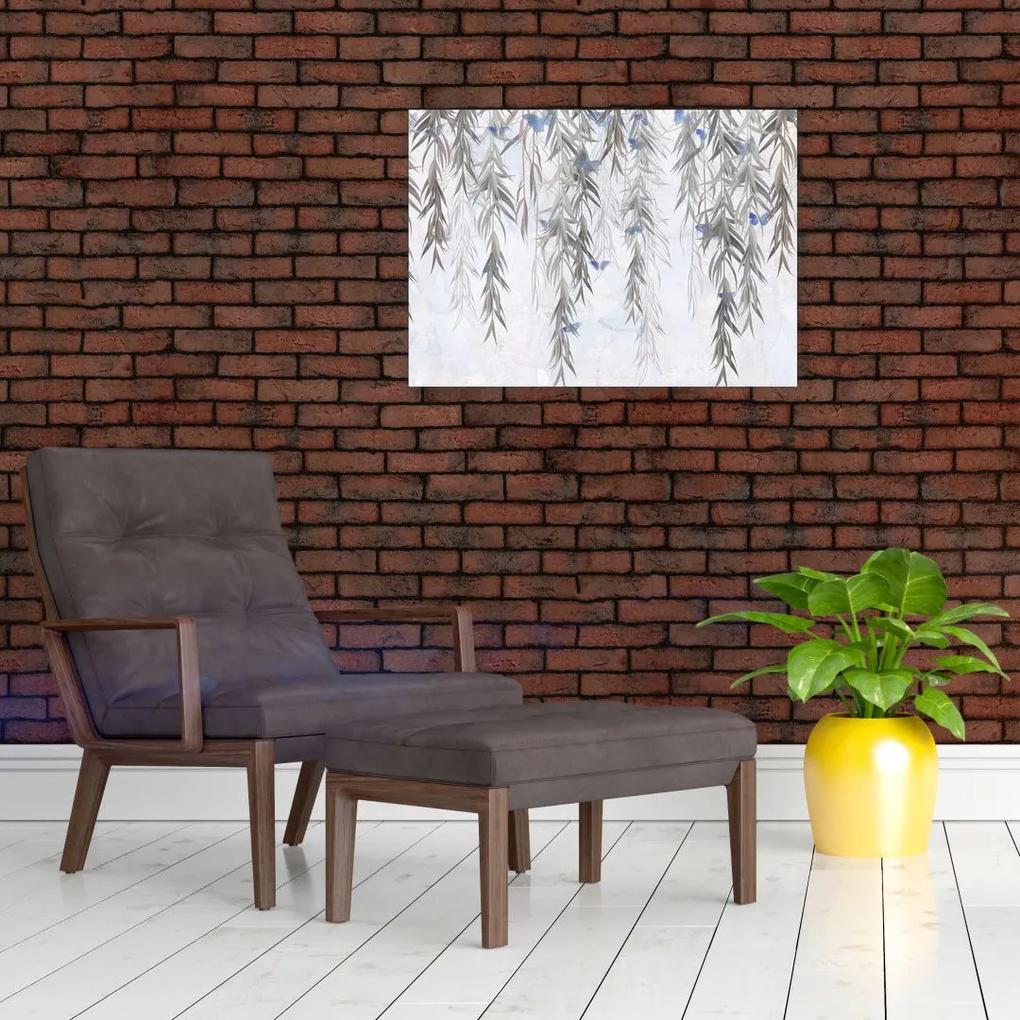 Skleněný obraz - Vrbové větvičky s motýly (70x50 cm)