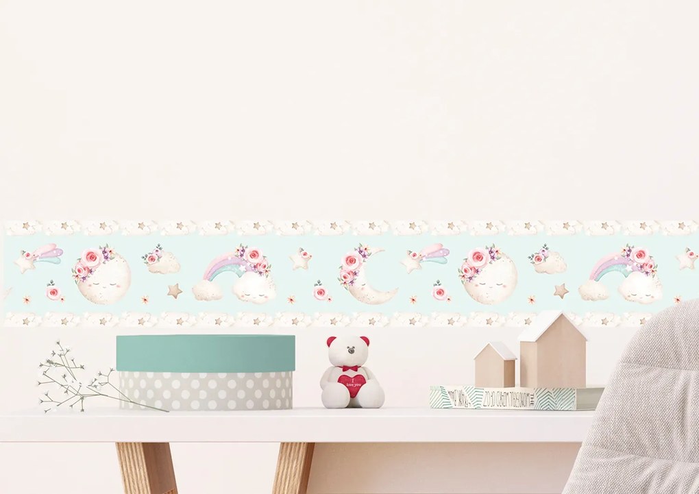 Dětská samolepící bordura na zeď Modrý Akvarelový Měsíc | 5 m x 13.8 cm | DWBD8047
