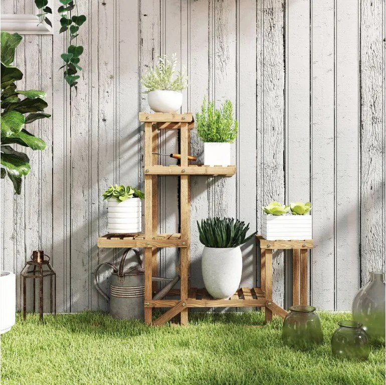 Outsunny police na rostliny z masivního dřeva, stojan na květiny, 6 úrovní, ohořelý, 98x28x96,5 cm, pro zahradu a balkon| Aosom