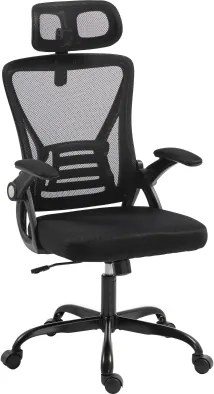 HOMCOM ergonomická kancelářská židle se sklápěcími opěrkami rukou, nastavitelnou opěrkou hlavy a výškou sedáku, prodyšná síťovina, černá