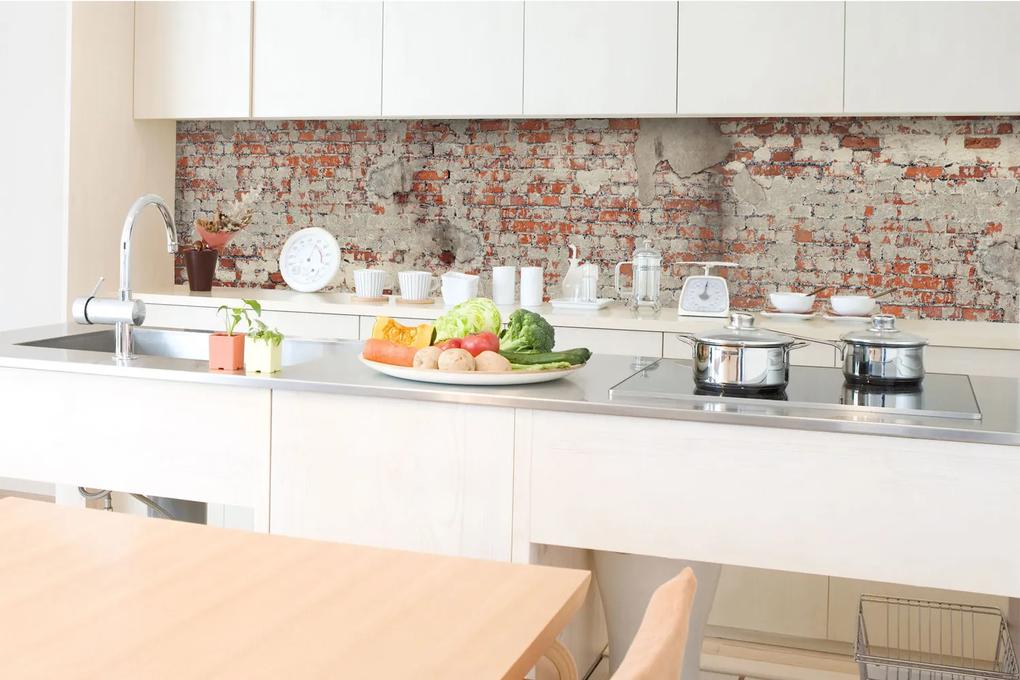 DIMEX | Fototapeta do kuchyně Stará cihlová stěna KI-350-299 | 350 x 60 cm | šedá, béžová, oranžová