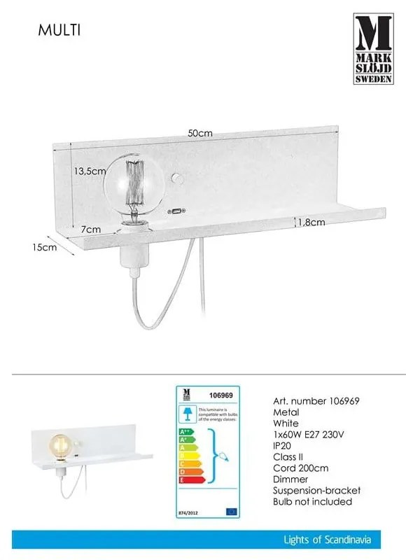 Bílé nástěnné svítidlo s USB nabíjecí stanicí Markslöjd Multi