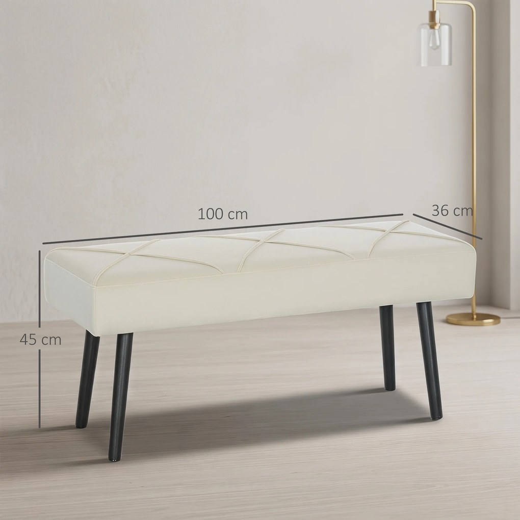 HOMCOM lavice s polstrováním, postelová lavice, vzhled sametu, 100 x 36 x 45 cm, krémově bílá