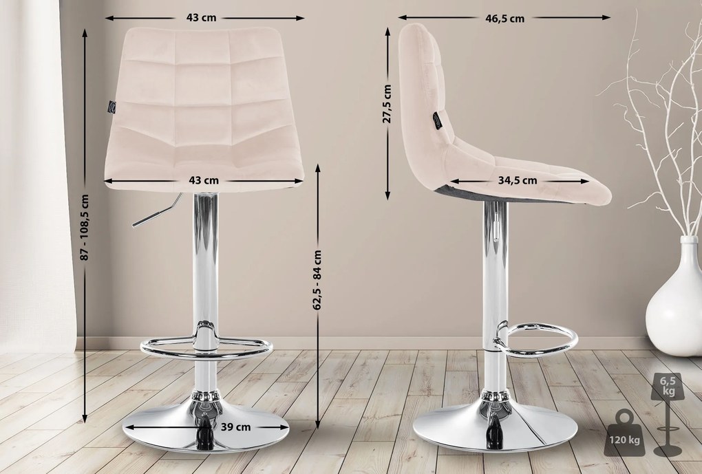 Barové židle Sandford - 2 ks - samet | chrom/béžová