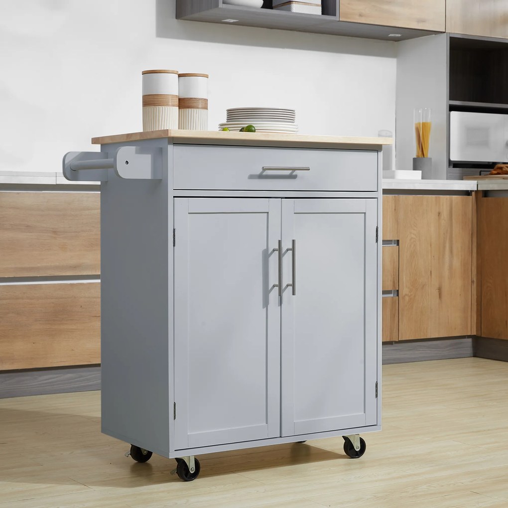 HOMCOM Kuchyňský vozík s úložným prostorem, šuplíkem a držákem na utěrky - 83cm D x 45cm Š x 91,5cm V Šedý