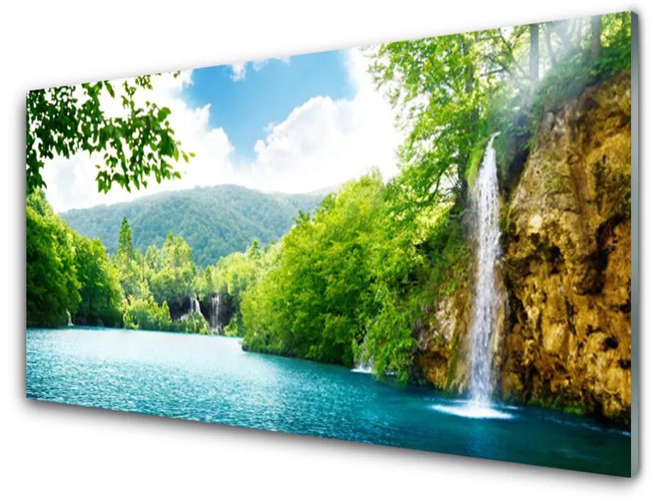Obraz na skle Vodopád Jezero Příroda 125x50 cm