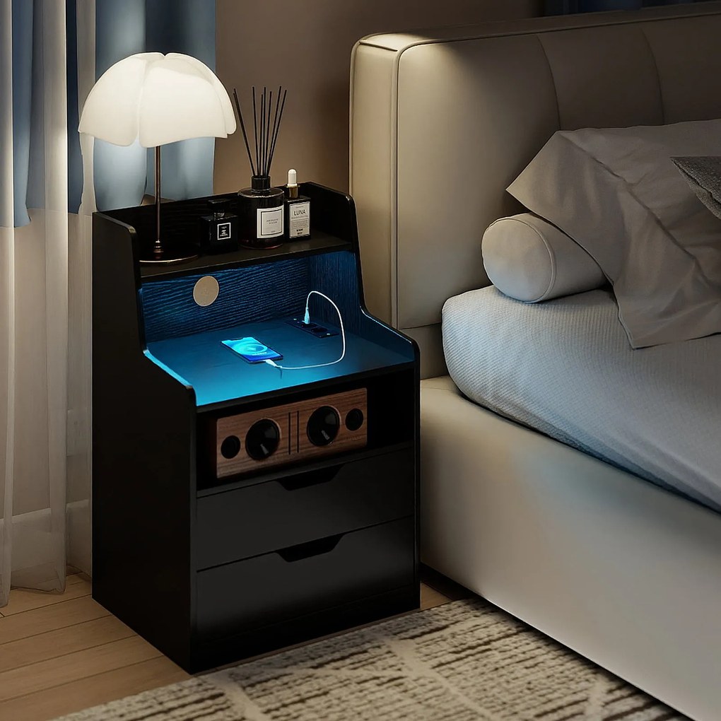 Costway Noční stolek s LED světly a nabíjecí stanicí s 2