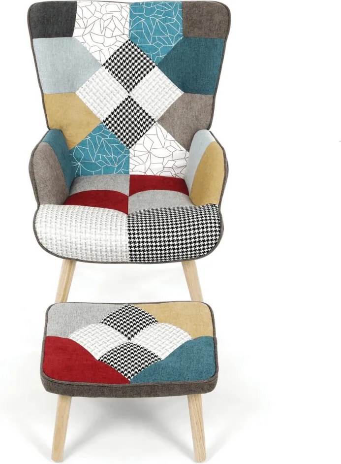 Křeslo ušák AK-305B PW2, vícebarevná, látka (68 x 75) cm patchwork
