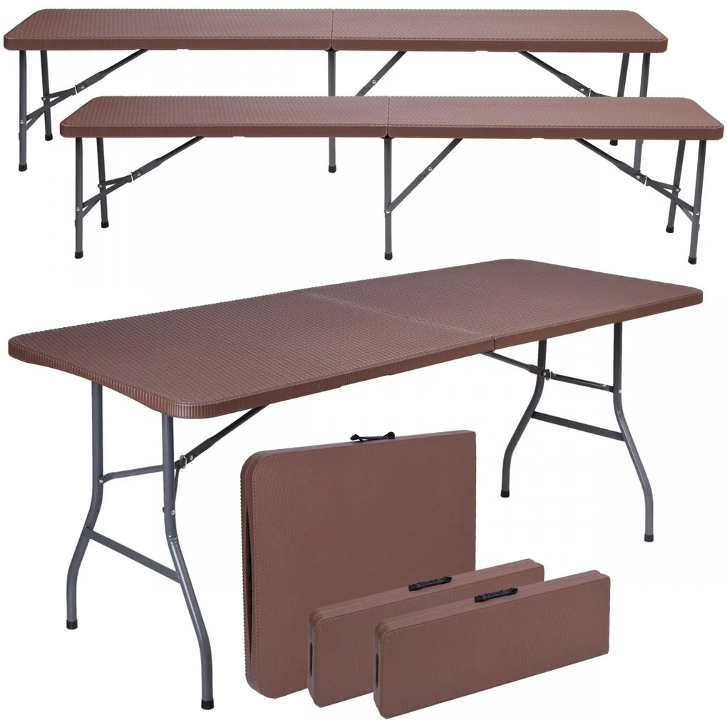 Cateringový set RATTAN stůl 180 cm a 2 lavice hnědý